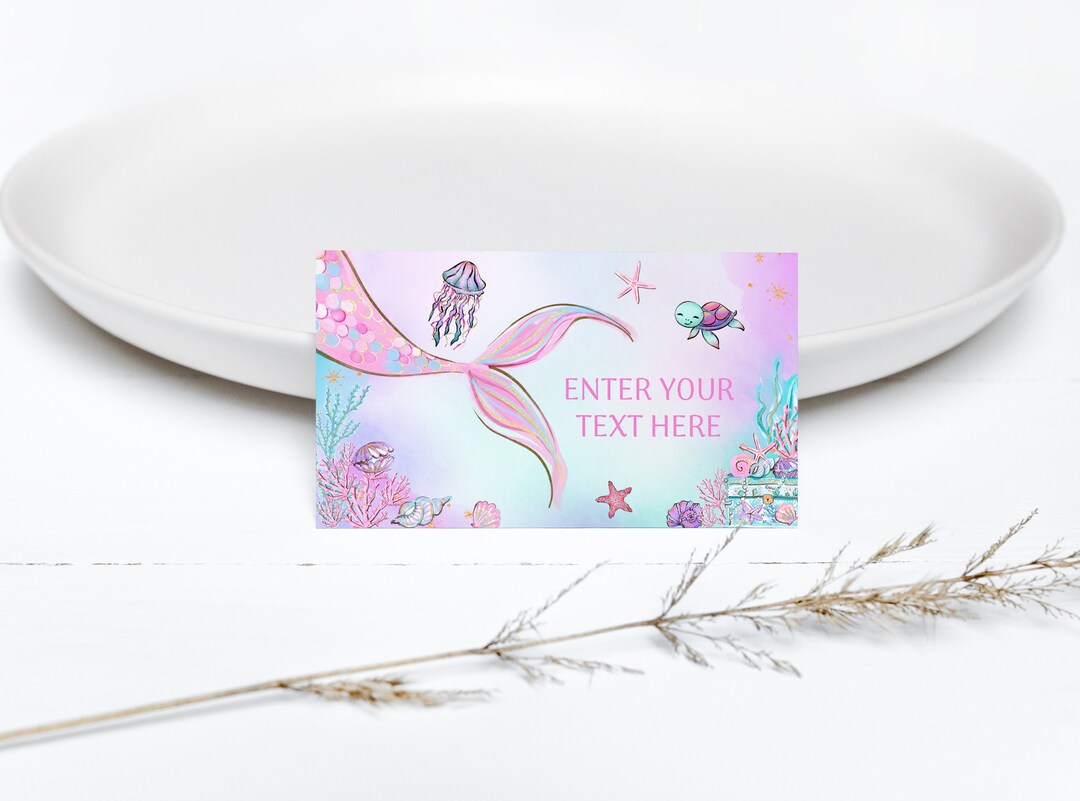 EDITABLE Pink Mermaid Tent Card Under the Sea Mermaid Food Tags Little ...