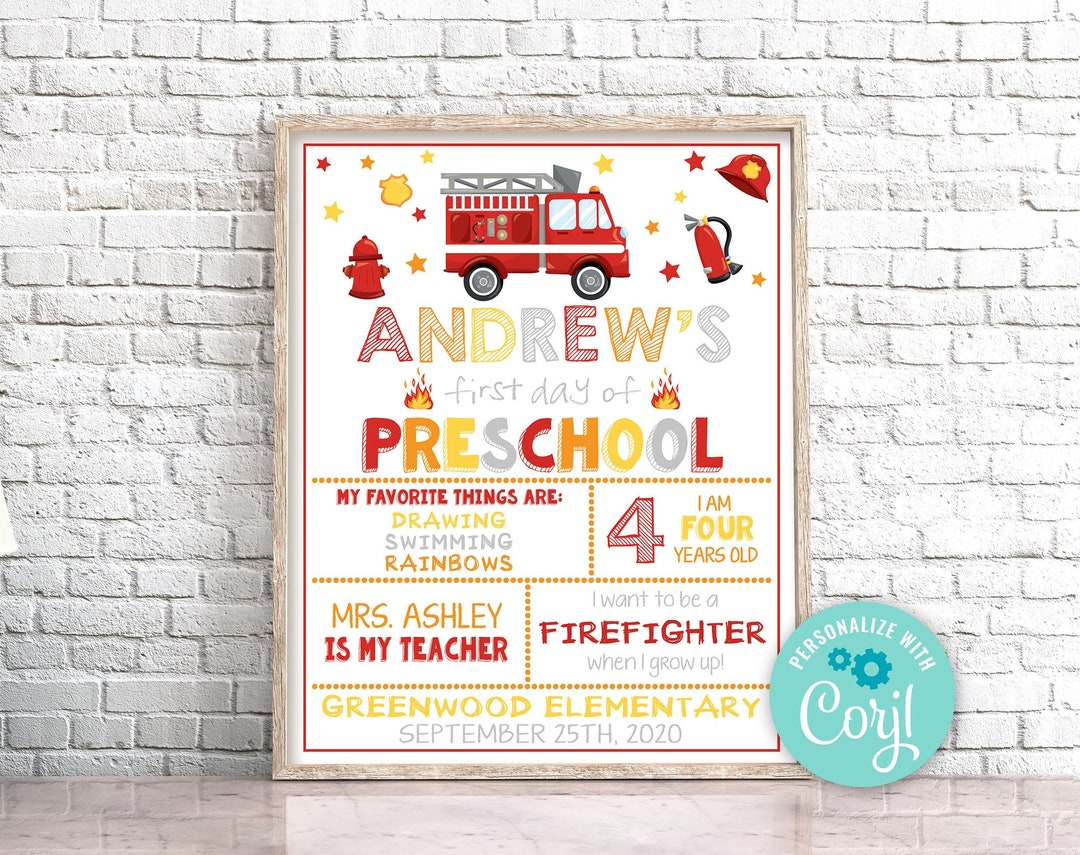 Editable First Day of Preschool Sign, Firetruck First Day of School ...