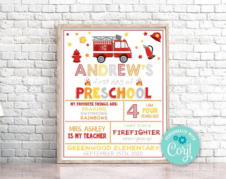 Editable First Day of Preschool Sign Firetruck First Day of - Etsy
