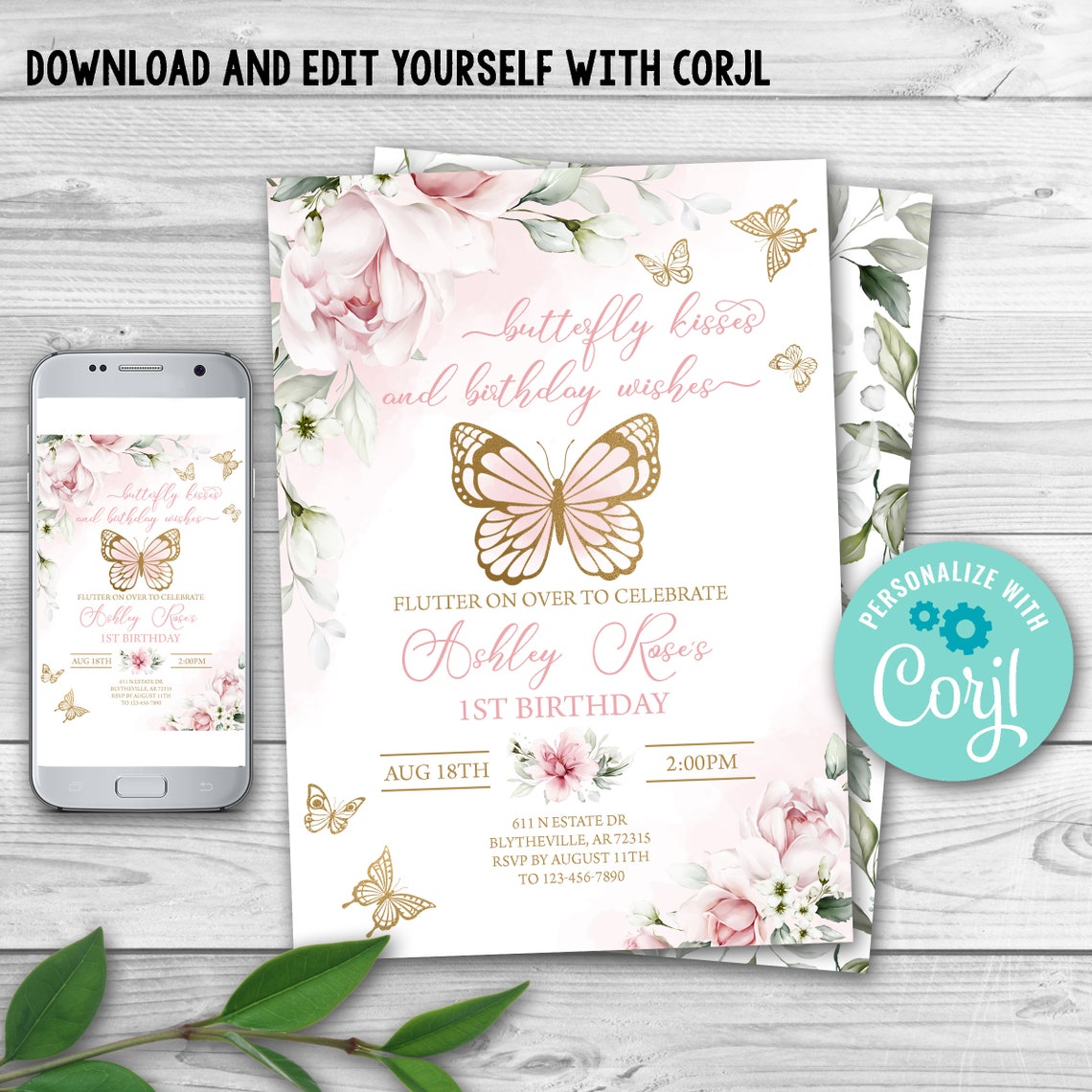 Editable Pink Gold Butterfly Birthday Invitation Butterfly - Etsy