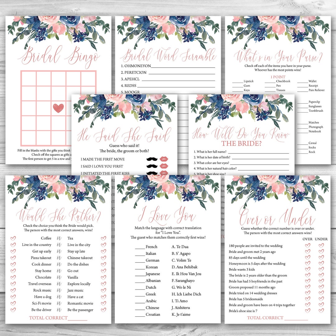 Blush Floral Bridal Shower Game Bundle Pink Blue Floral Bridal Shower ...