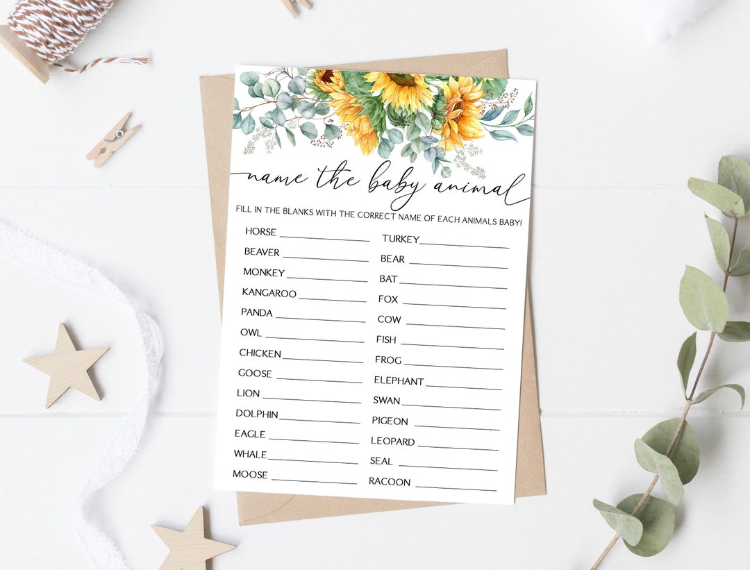 Rustic Sunflower Name the Baby Animal Baby Shower Game Sunflower Name ...