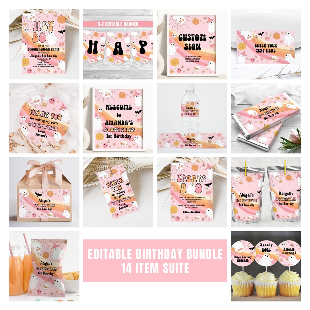 EDITABLE Halloween Birthday Invitation and Bundle Retro Groovy Ghost ...