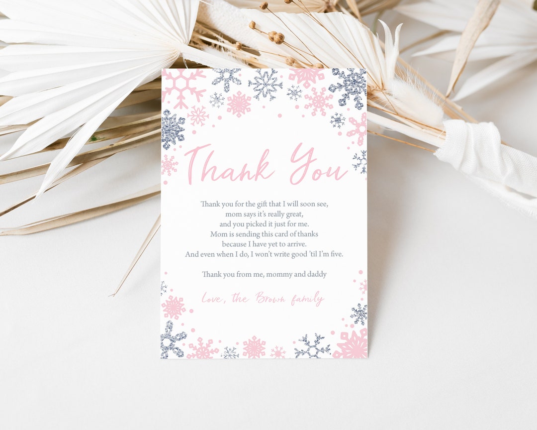 Editable Snowflake Thank You Card Winter Baby Shower Thank You Pink ...