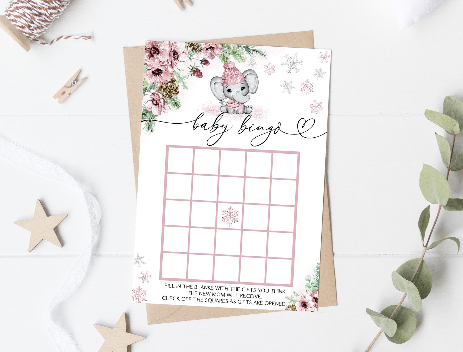 Winter Elephant Baby Bingo Baby Shower Game Snowflake Elephant Bingo ...