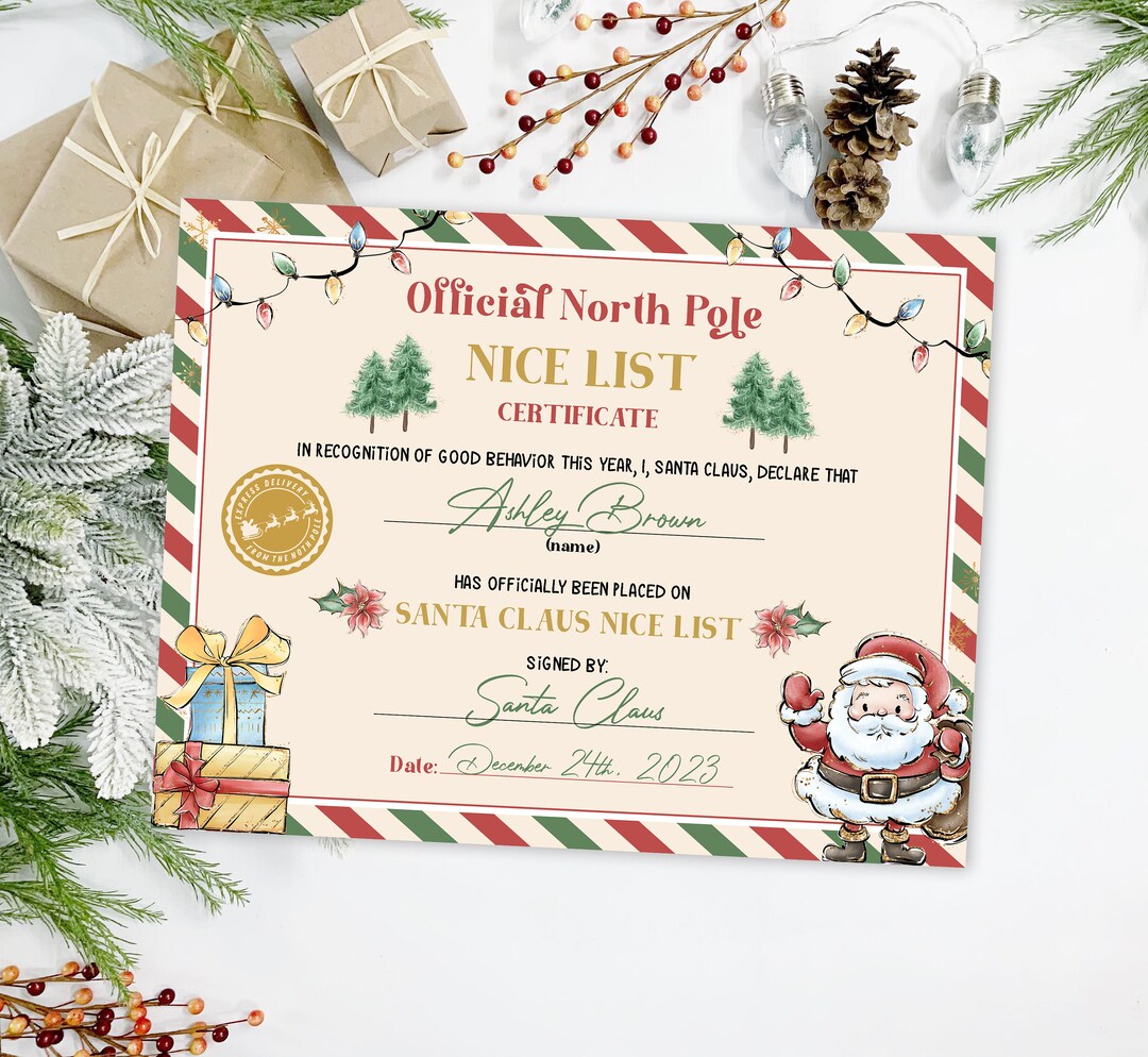 EDITABLE Santa Claus Official Nice List Certificate North Pole Mail ...