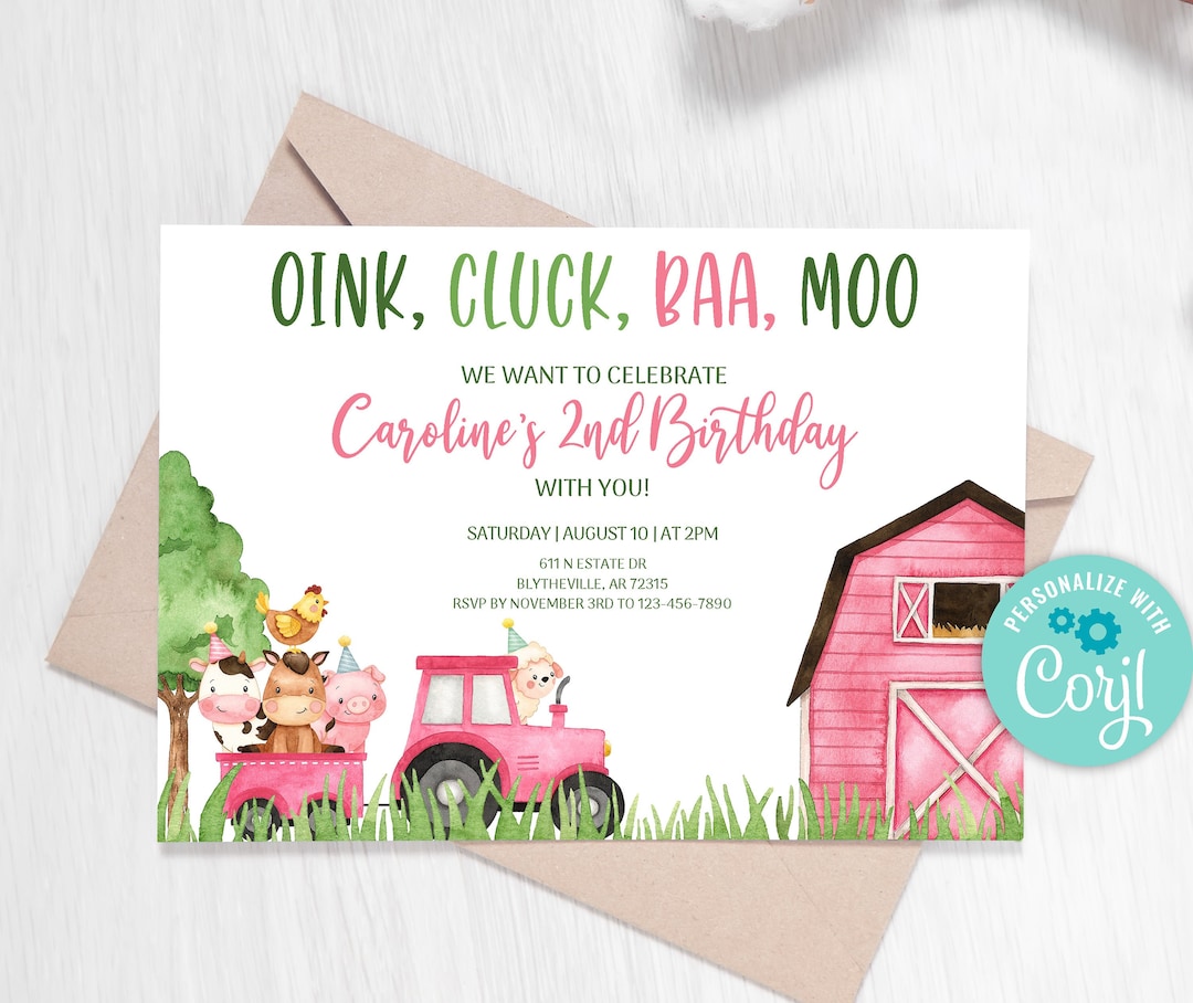 Editable Farm Birthday Invitation Pink Farm Animals Birthday Invitation ...