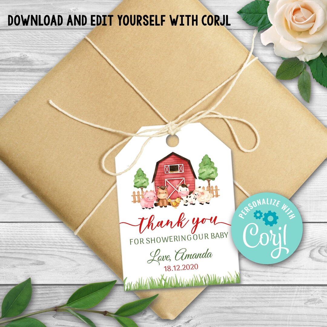 EDITABLE Farm Baby Shower Favor Tag, Printable Farm Animals Baby Shower ...