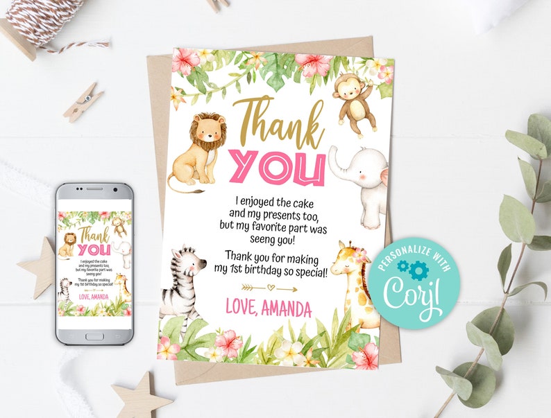 EDITABLE Safari Animal Thank You Card, Jungle Birthday Thank You Card ...