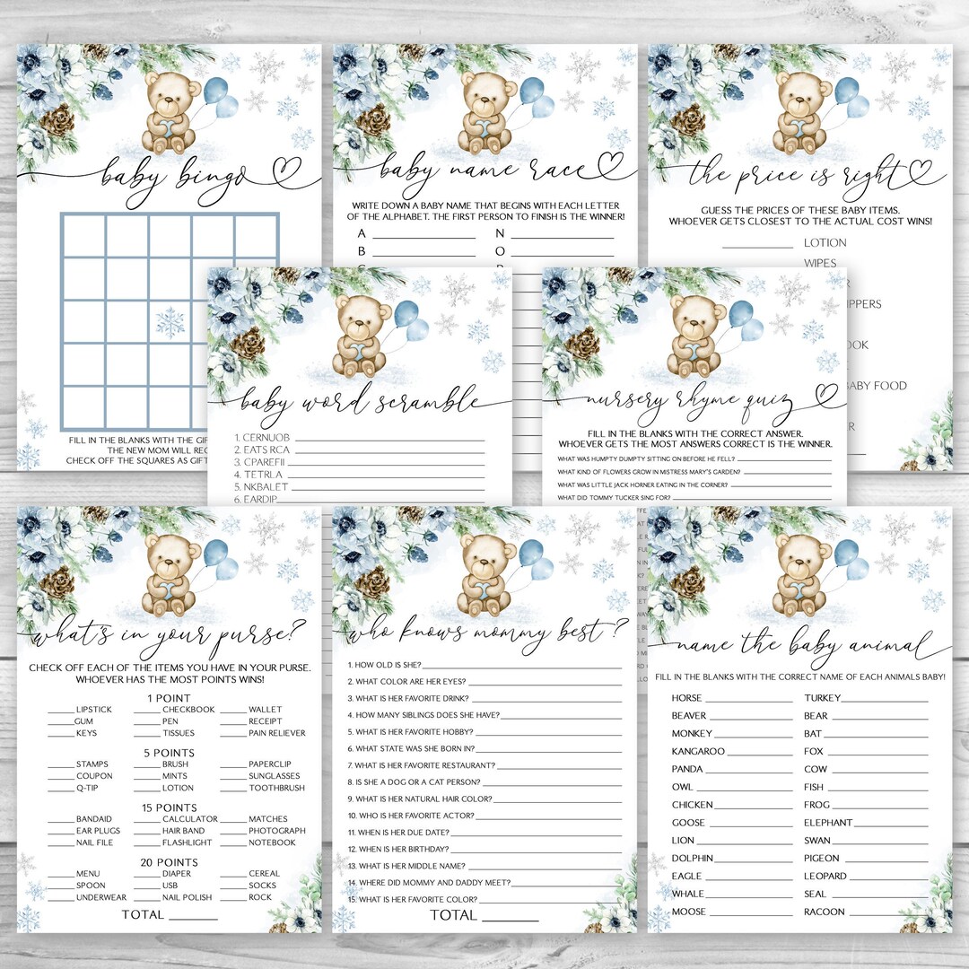 Winter Bear Baby Shower Game Package, 8 Printable Winter Baby Shower ...