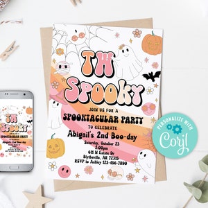 Editable Two Spooky Halloween Birthday Invitation Pink Retro Groovy ...