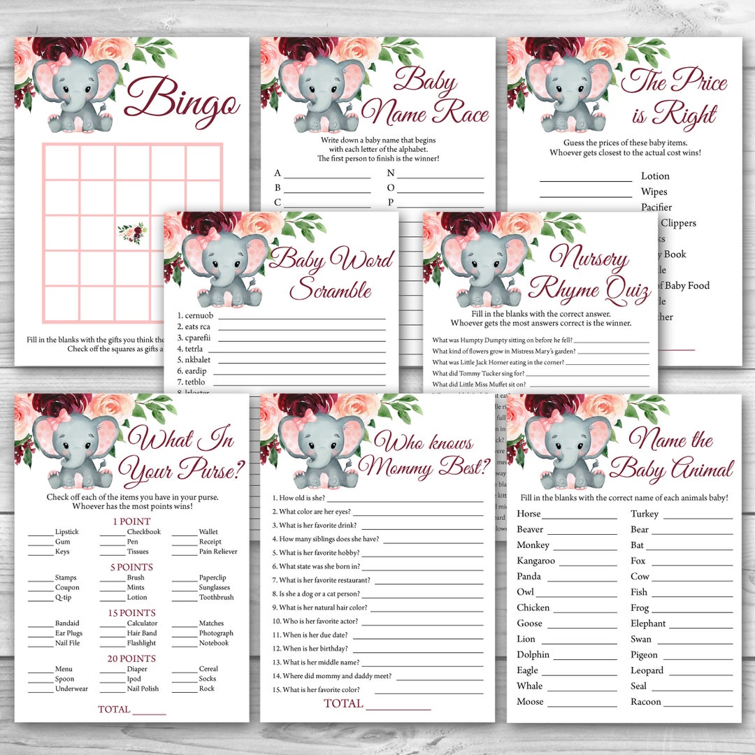 Girl Elephant Baby Shower Game Package, 8 Printable Pink Elephant Baby ...