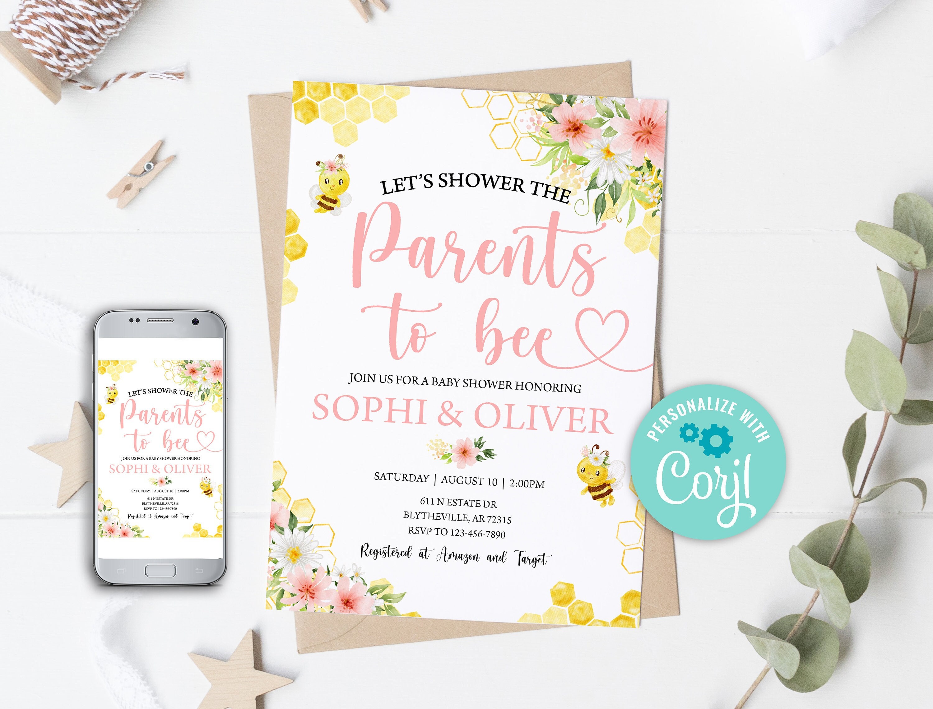 EDITABLE Bee Baby Shower Invitation Parents to Bee Pink Floral - Etsy