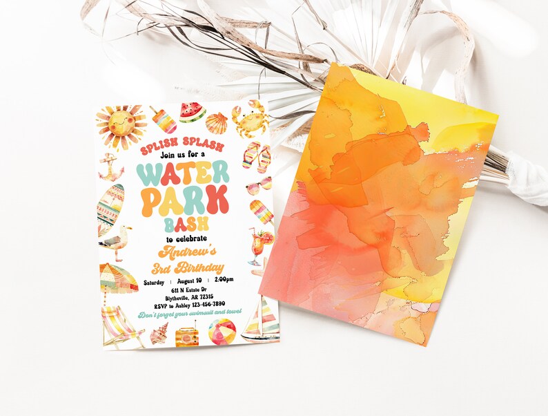 Editable Water Park Birthday Party Invitation Tropical Splish Splash ...