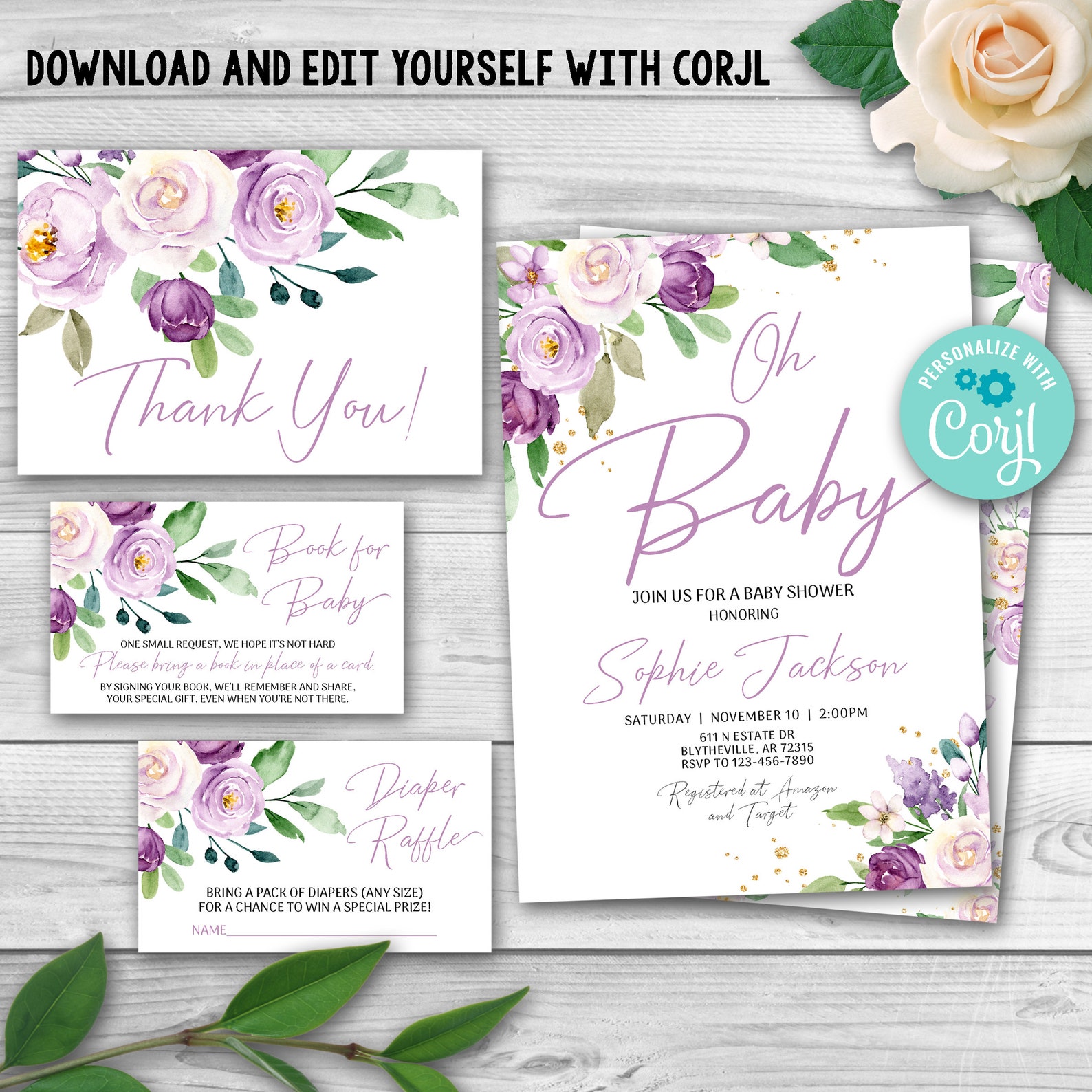 EDITABLE Purple Floral Baby Shower Set Lilac Baby Shower - Etsy