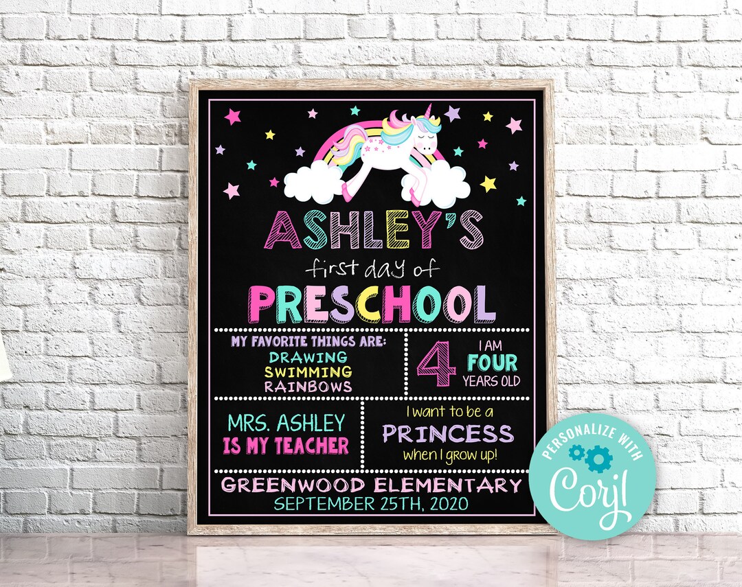 Editable First Day of Preschool Sign, Unicorn First Day of School Sign ...