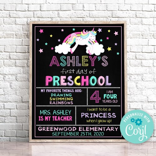 Editable First Day of Kindergarten Sign Unicorn First Day of - Etsy