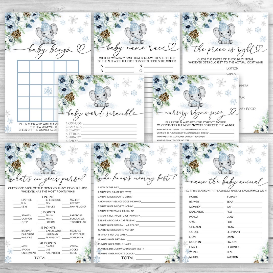 Winter Elephant Baby Shower Game Package, 8 Printable Winter Baby ...