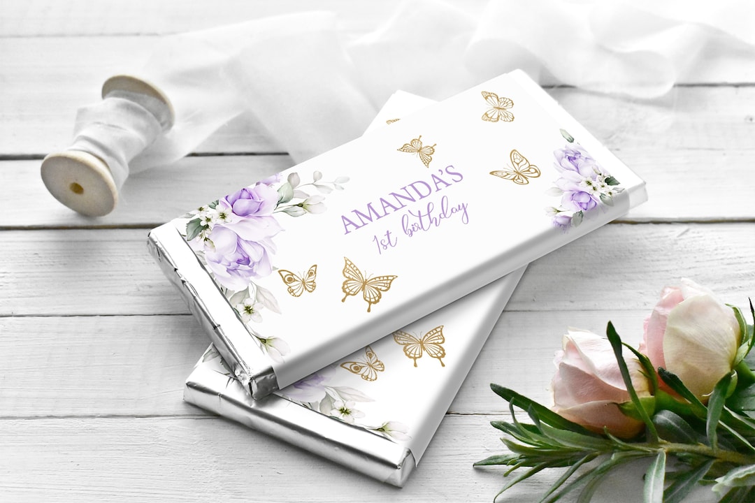 EDITABLE Purple Gold Butterfly Chocolate Bar Wrapper Lavender Floral ...