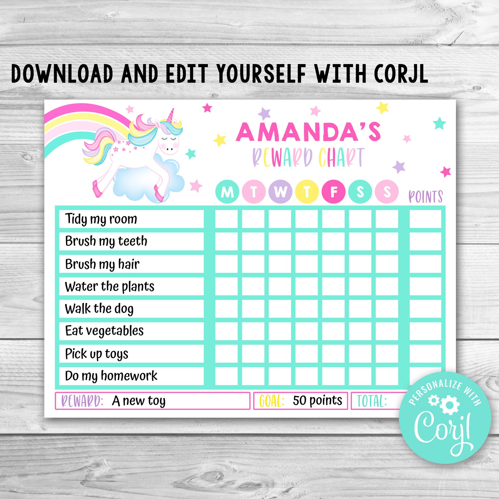 Editable Unicorn Reward Chart for Kids, Girl Unicorn Routine Chart ...