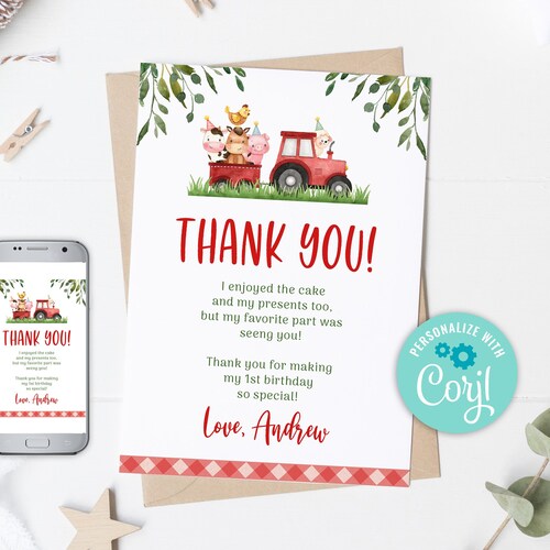 Editable Farm Thank You Card Red Farm Birthday Party Thank - Etsy