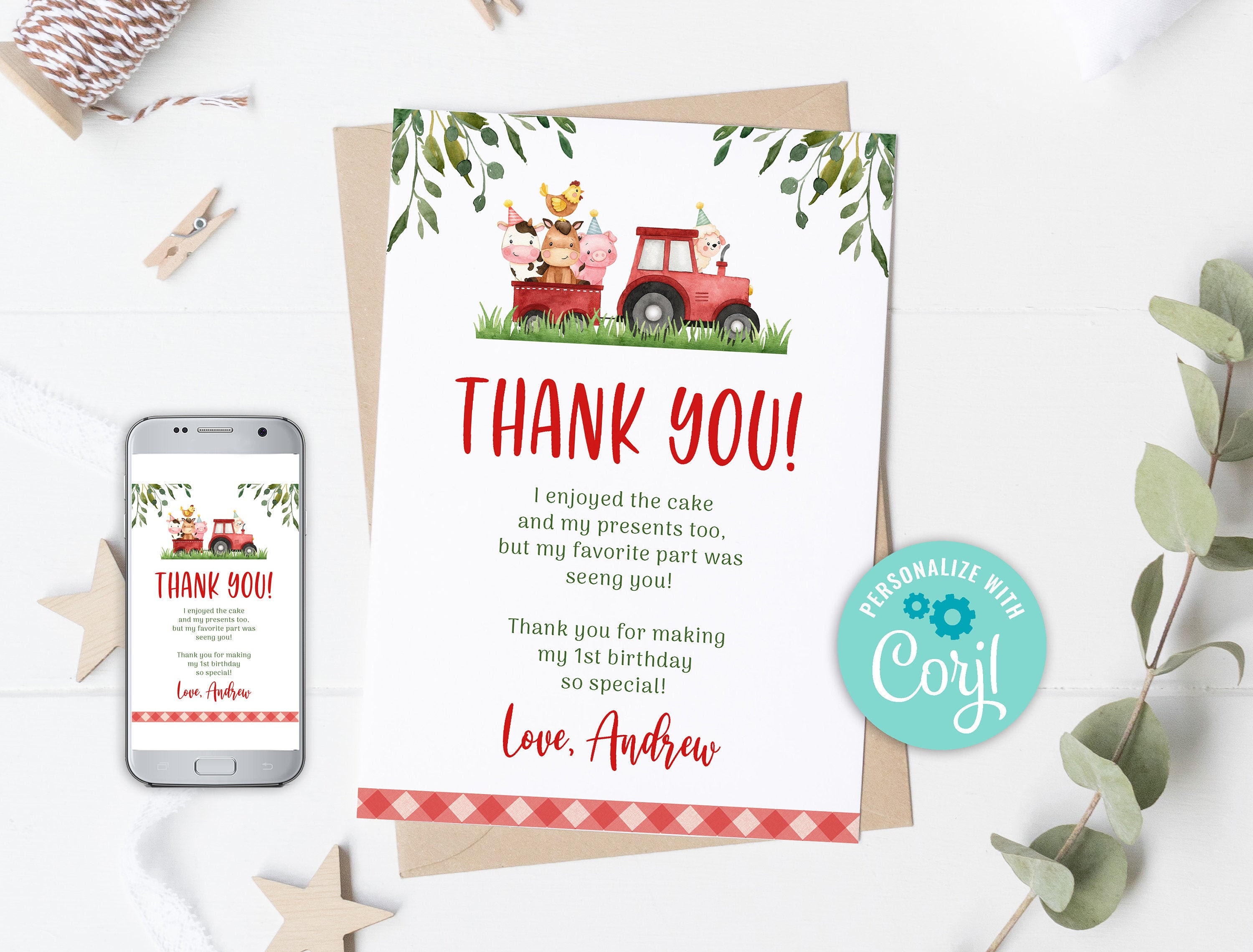 Editable Farm Thank You Card Red Farm Birthday Party Thank - Etsy