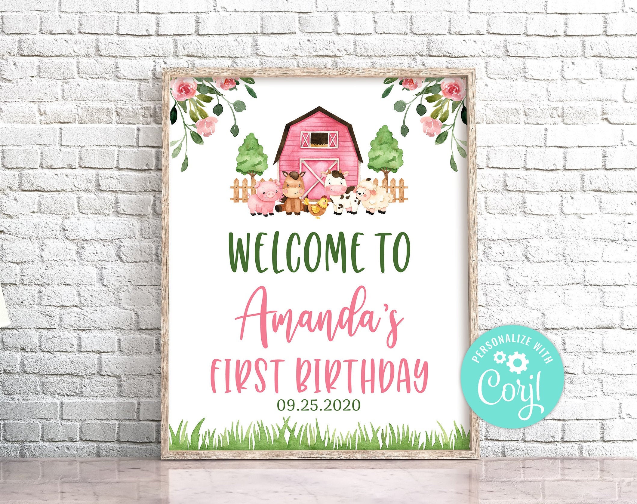 Editable Farm Birthday Welcome Sign. Farm Animals Welcome Sign. Pink ...