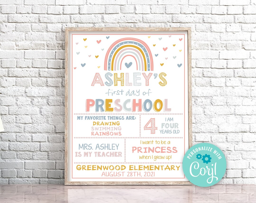 Editable First Day of Preschool Sign Boho Rainbow First Day of School ...