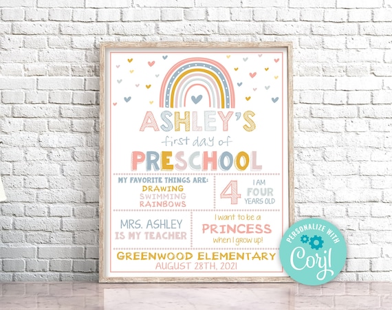 Editable First Day of Preschool Sign Boho Rainbow First Day of - Etsy
