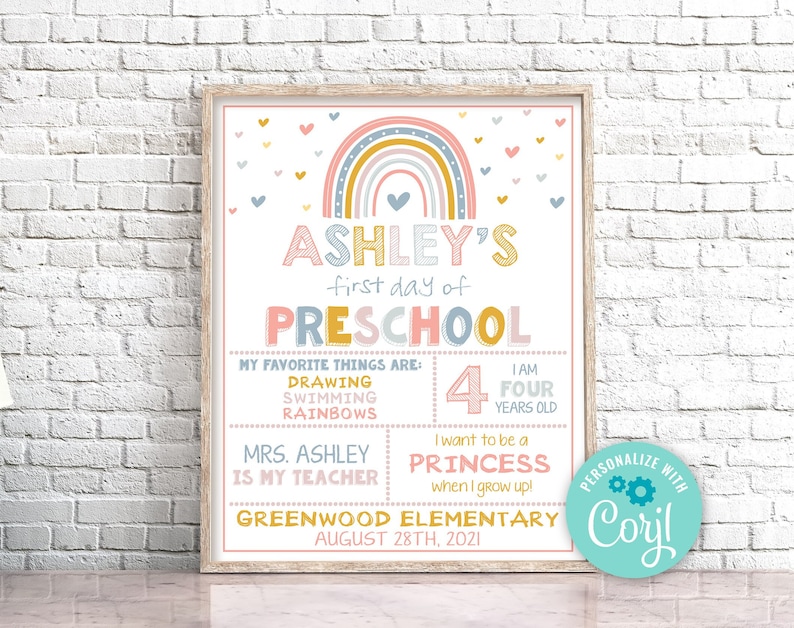 Editable First Day of Preschool Sign Boho Rainbow First Day of - Etsy UK