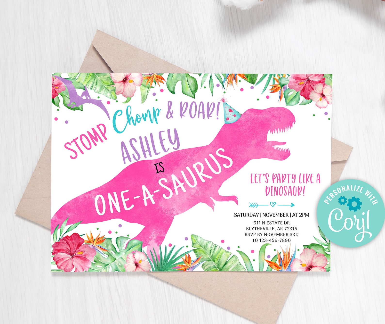 EDITABLE One-a-saurus Dinosaur Birthday Invitation Pink Dino T-rex ...