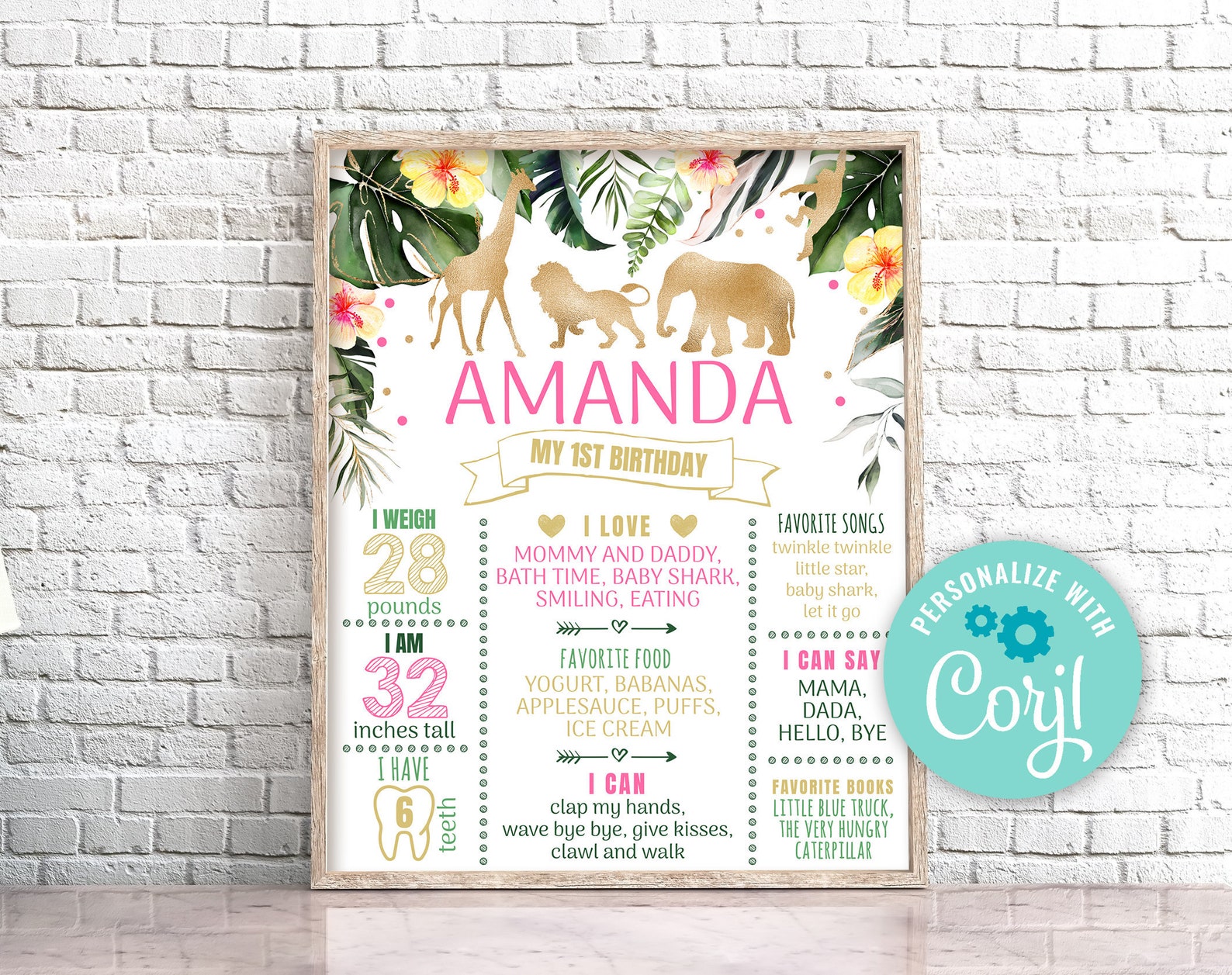 Editable Jungle Gold Milestone Birthday Poster Girl Safari | Etsy