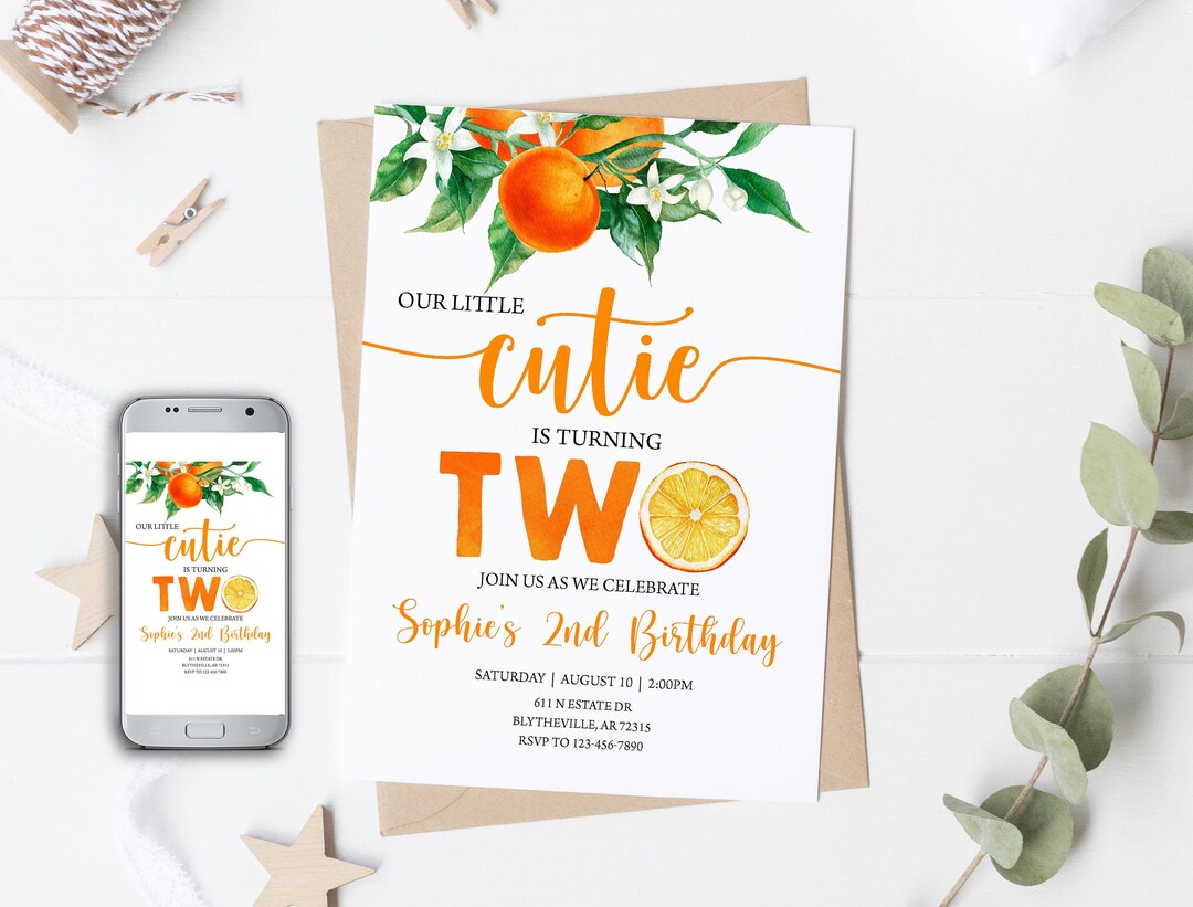 Our Little Cutie is Turning Two Invitation Editable Orange 2nd Birthday ...
