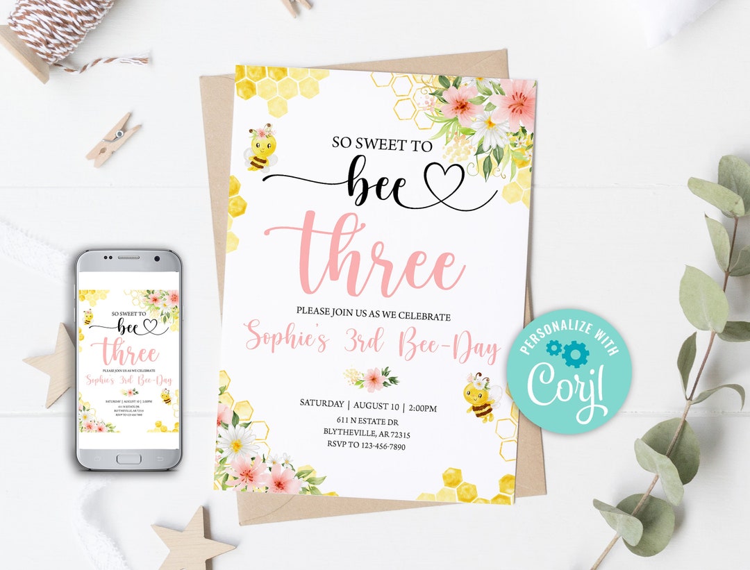 Editable 3rd Bee Birthday Invitation Bumble Bee Birthday Party 3rd Bee ...