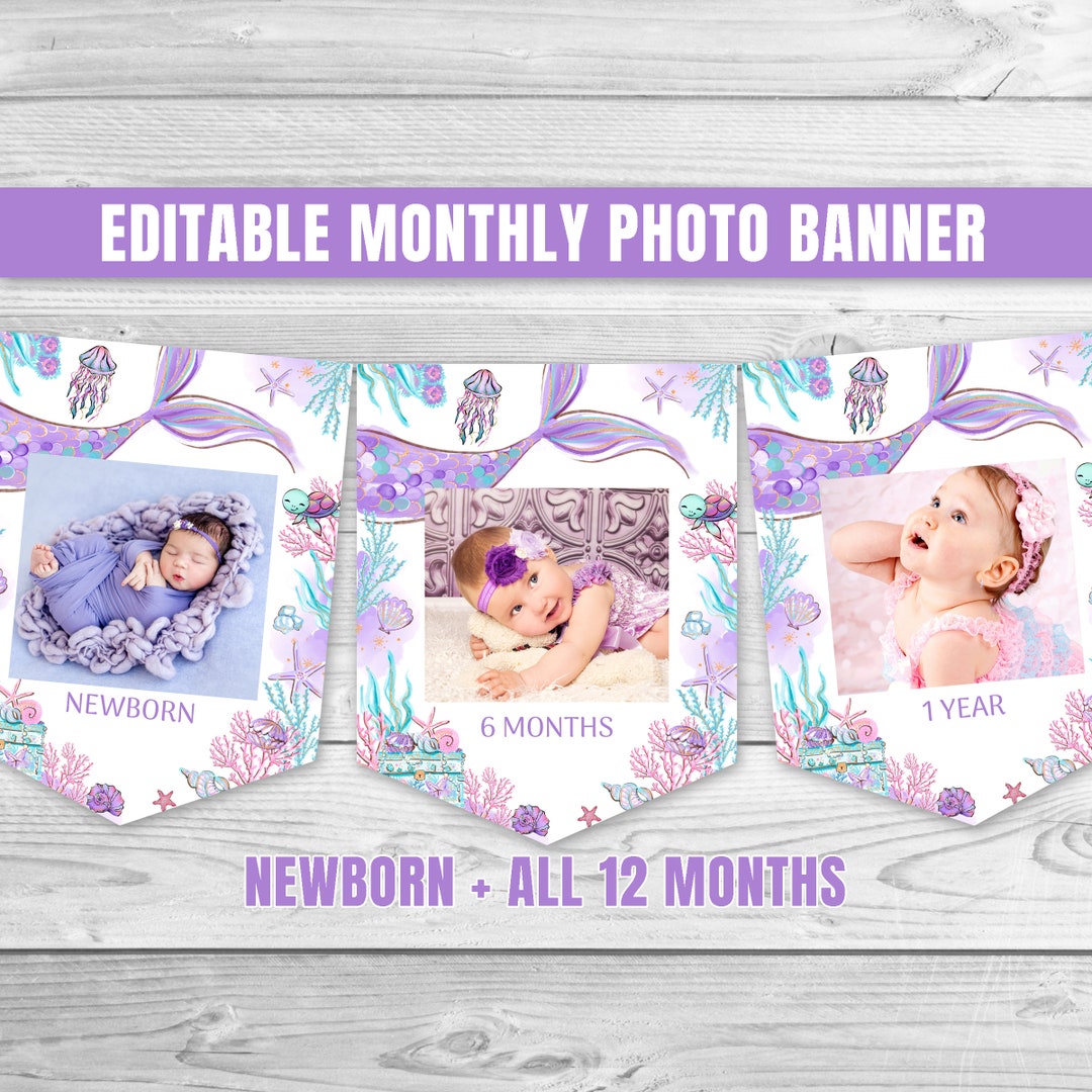 Editable Mermaid Birthday Banner Monthly Photo Banner Mermaid Garland ...