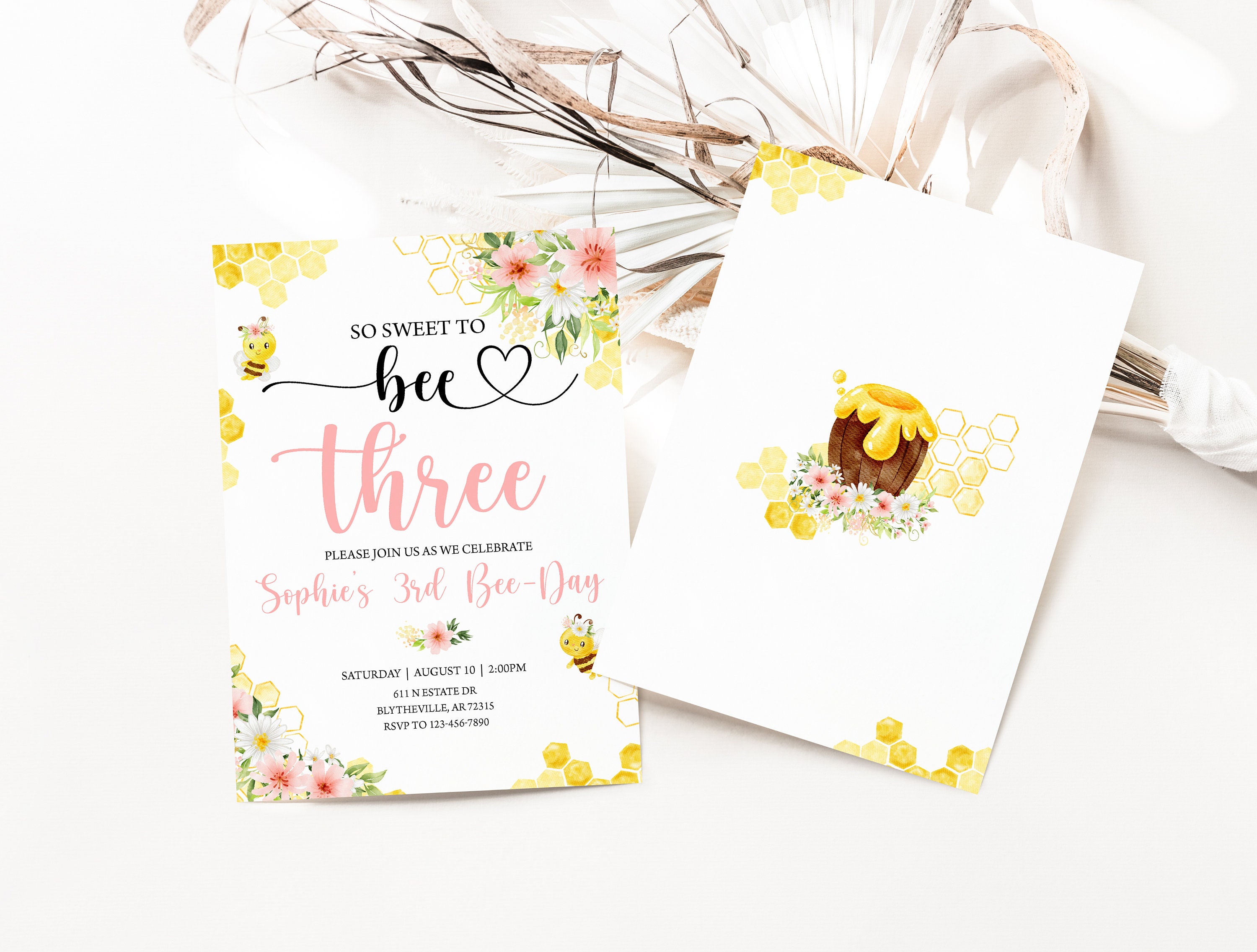 Editable 3rd Bee Birthday Invitation Bumble Bee Birthday Party 3rd Bee ...