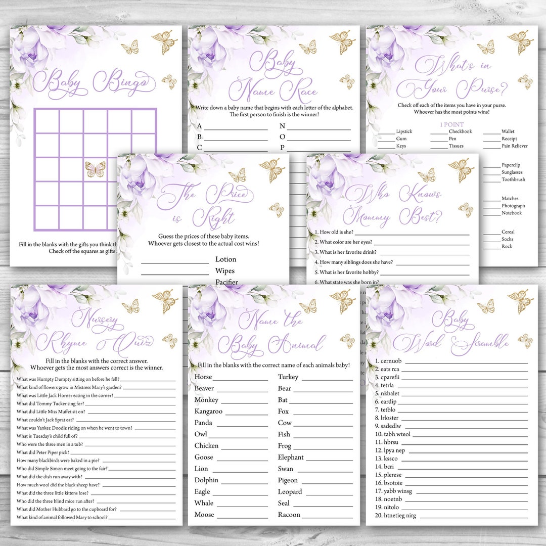 Butterfly Baby Shower Game Package, 8 Printable Purple Gold Baby Shower ...