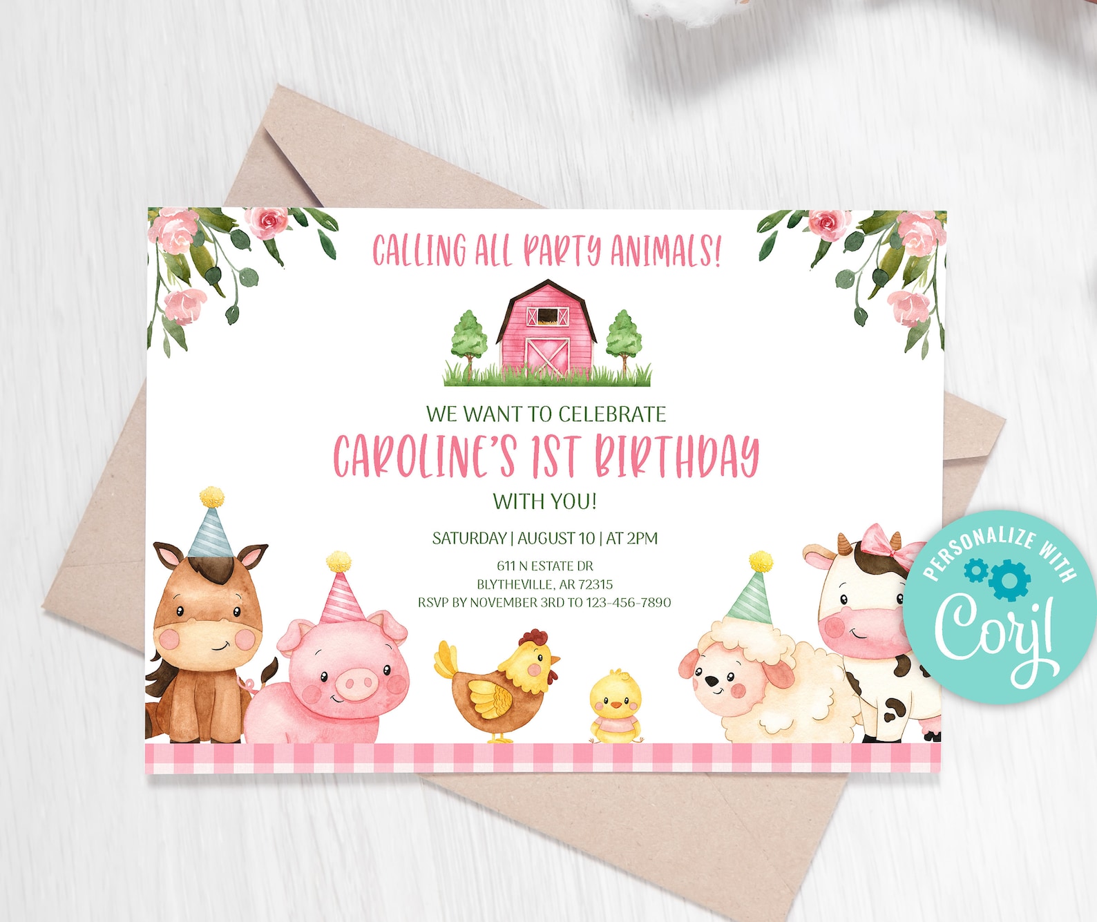 Editable Farm Birthday Invitation. Pink Farm Animals Birthday Invite ...