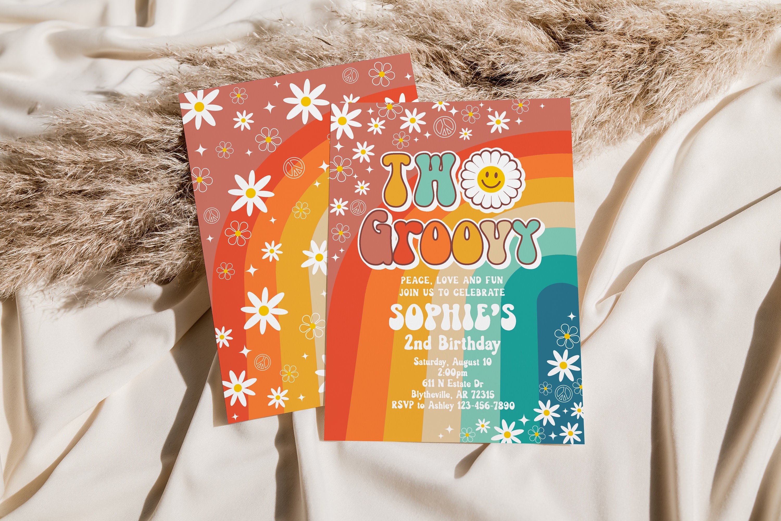 Editable Two Groovy Birthday Party Invitation Daisy Hippie - Etsy