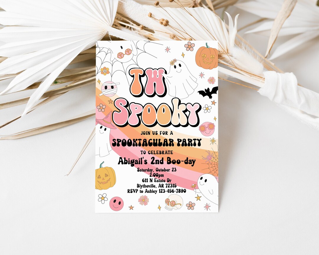 Editable Two Spooky Halloween Birthday Invitation Pink Retro Groovy ...