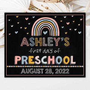 Editable First Day of Preschool Sign Boho Rainbow First Day of School ...