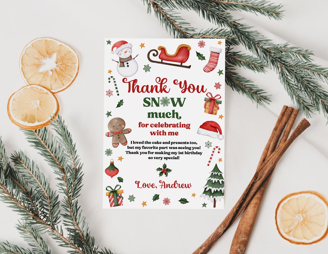 Editable Christmas Birthday Party Thank You Card Oh What Fun Christmas ...
