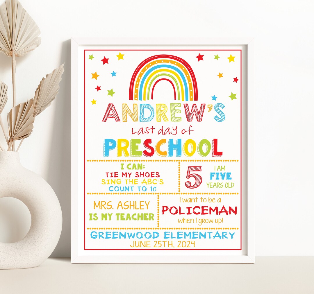 Editable Last Day of Preschool Sign Rainbow Last Day of School Sign ...