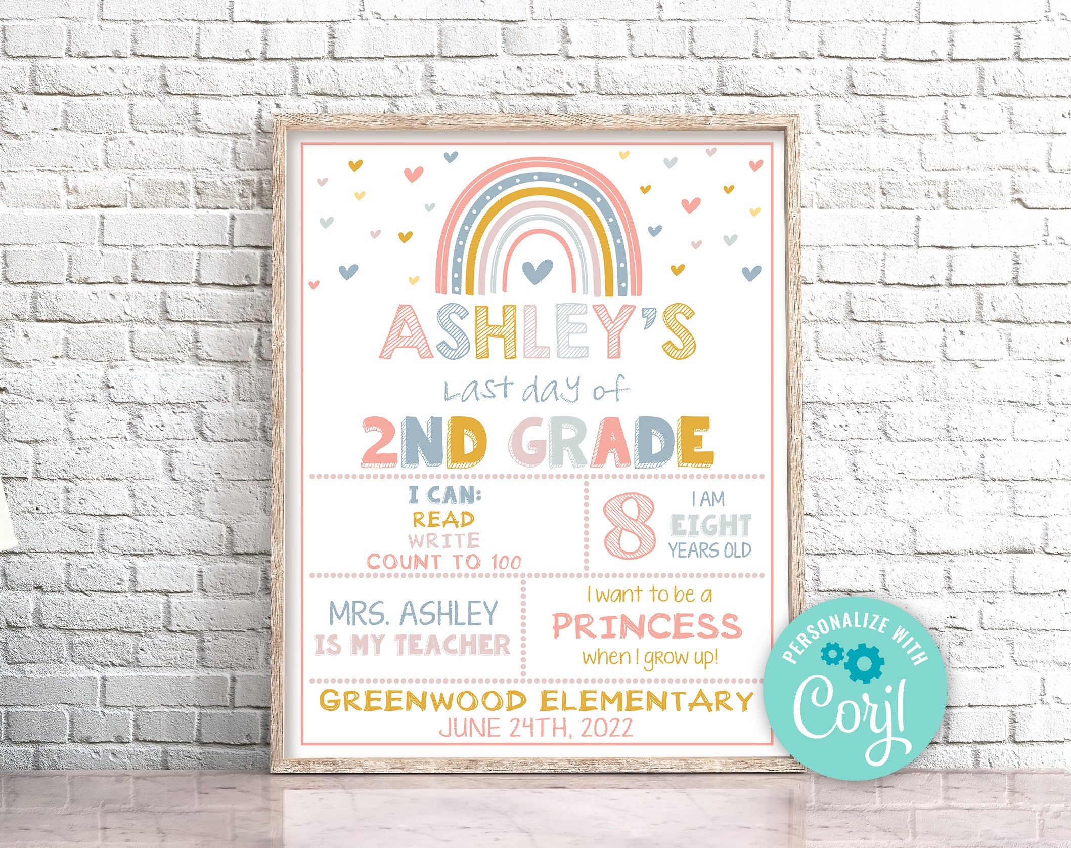 Editable Last Day of Second Grade Sign Boho Rainbow Last Day - Etsy