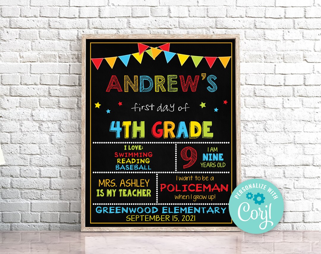 First Day of School Sign, Editable First Day of Fourth Grade Sign ...