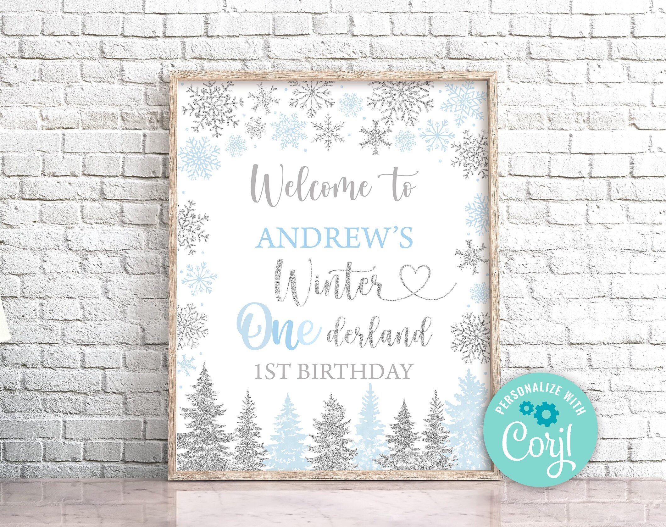 Editable Winter One-derland Welcome Sign Blue Silver Snowflakes 1st ...