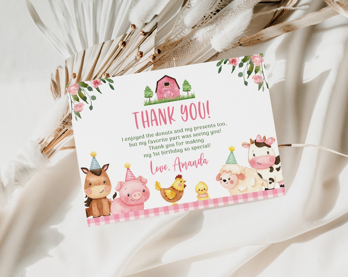 Editable Farm Thank You Card, Pink Farm Birthday Party Thank You, Farm ...