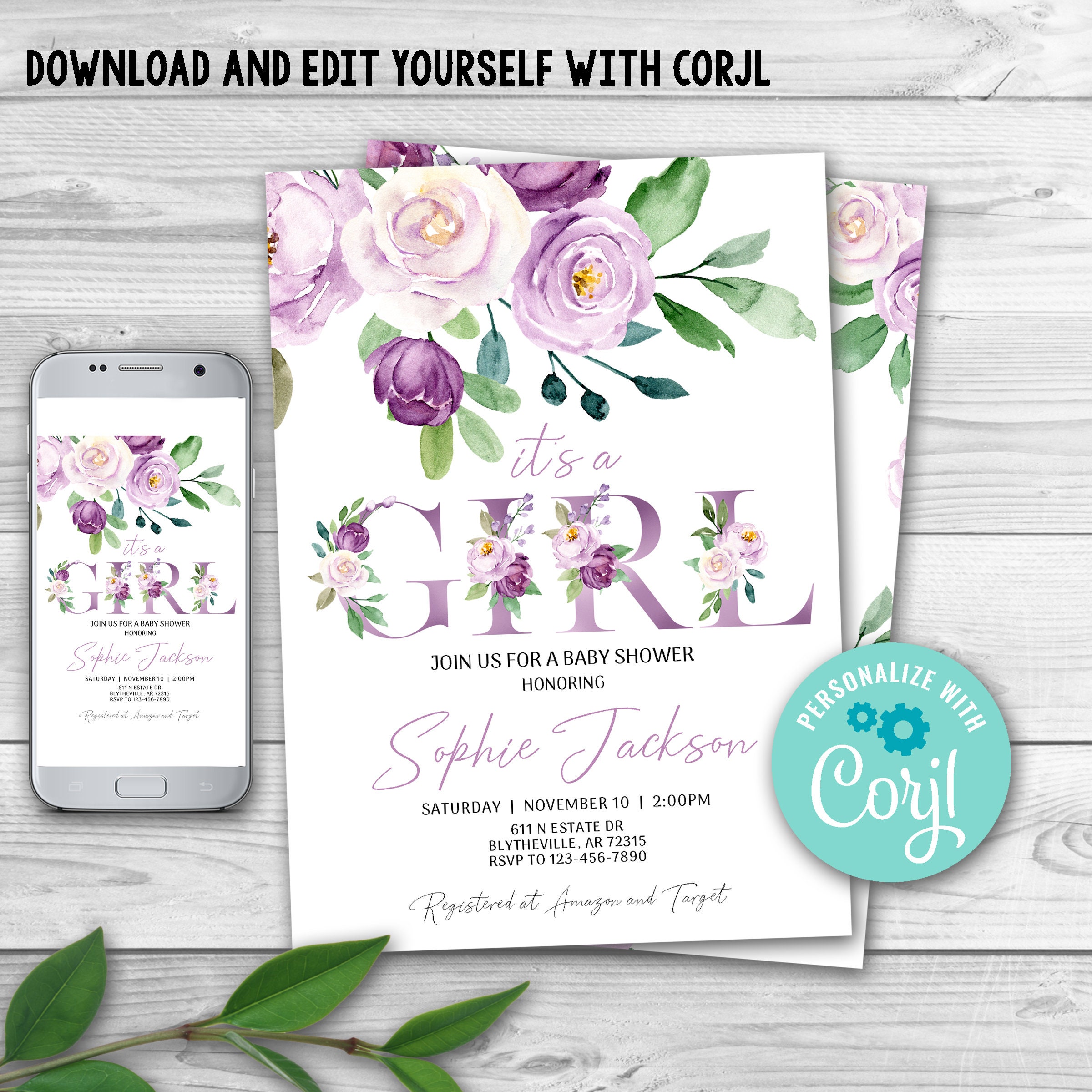 EDITABLE Purple Floral Baby Shower Set Lilac Baby Shower | Etsy