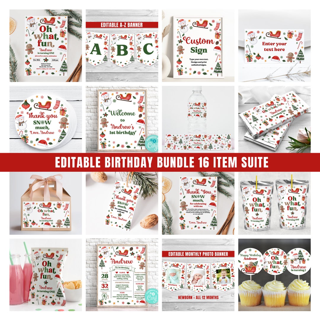 EDITABLE Christmas Birthday Party Invitation and Bundle Winter ...