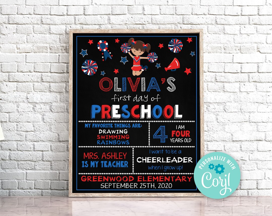 Editable First Day of Preschool Sign, Cheerleading First Day of School ...